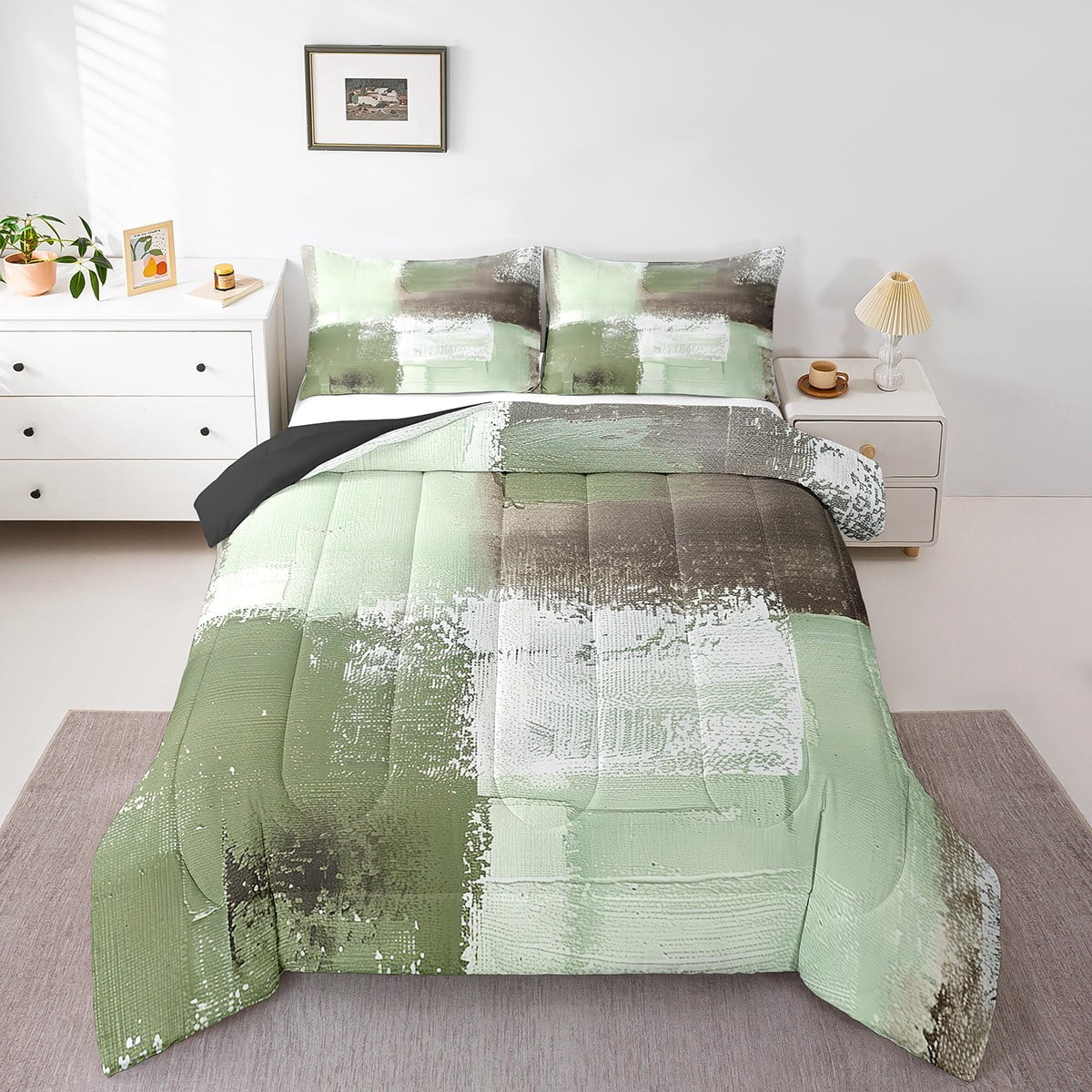 YST Green Brown Tie Dye King Comforter Set Contemporary Ombre Bedding Set, Modern Gradient ...