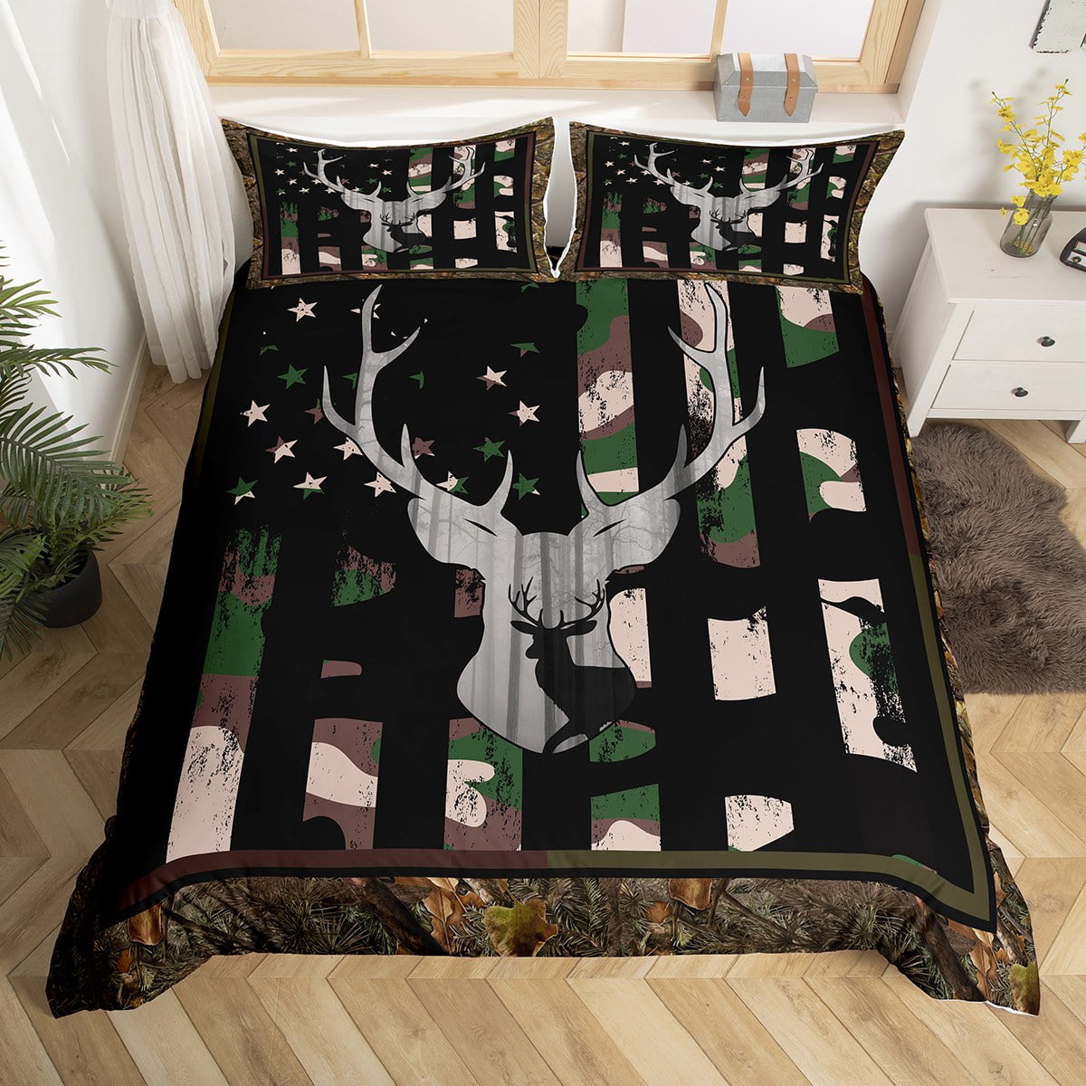 YST Green Camo Bedding Set, Deer Hunting Duvet Cover Queen, Rustic Wild ...