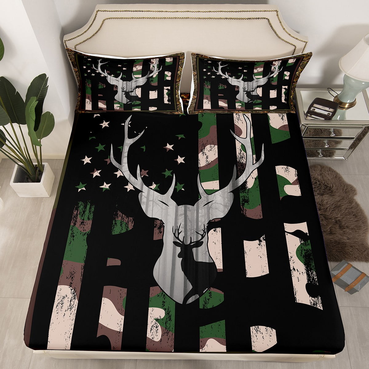 YST Green Camo Bedding Set, Deer Hunting Fitted Sheet Queen, Rustic ...