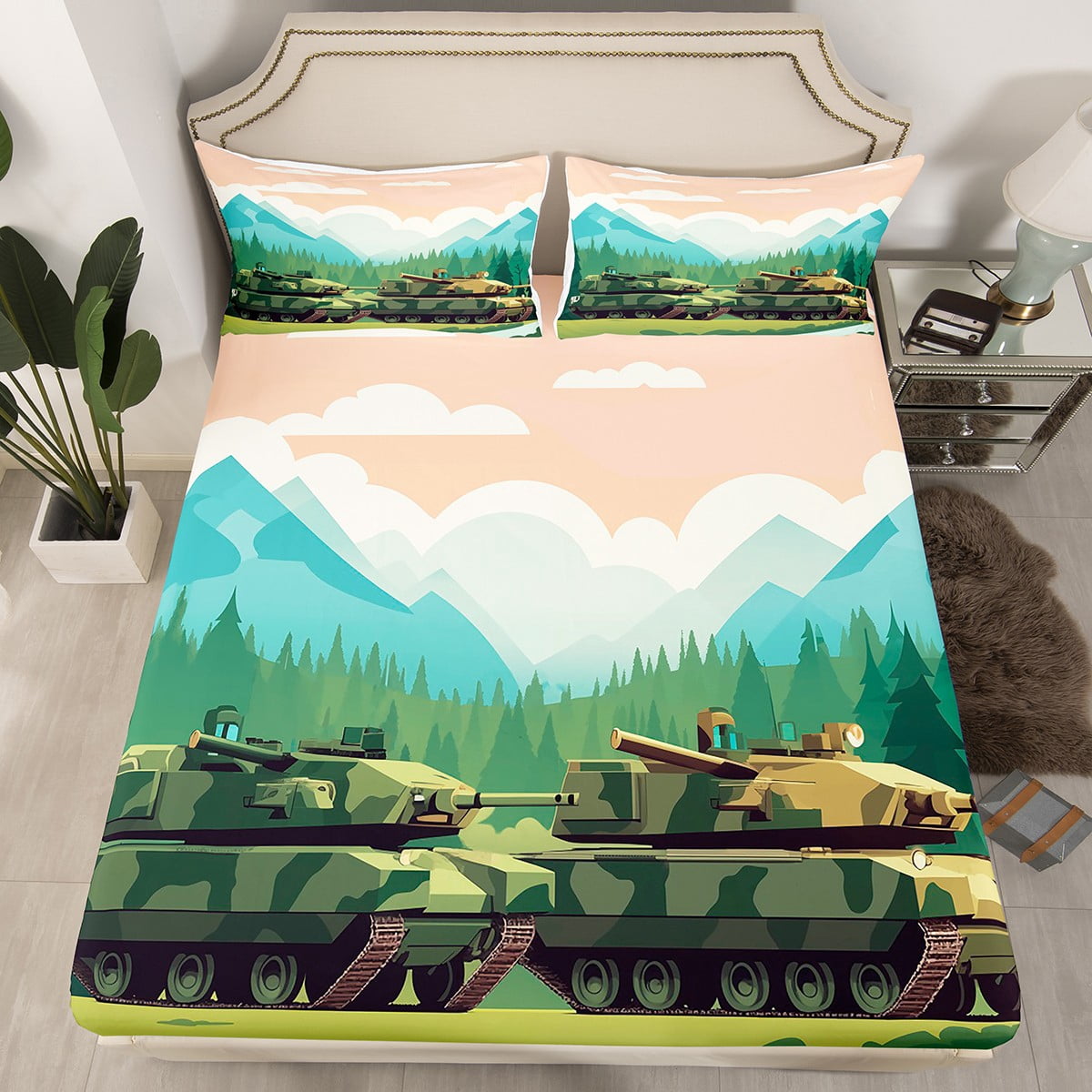 Green Camo Tank Bedding Twin Size Military Camouflage Bed Sheets for ...