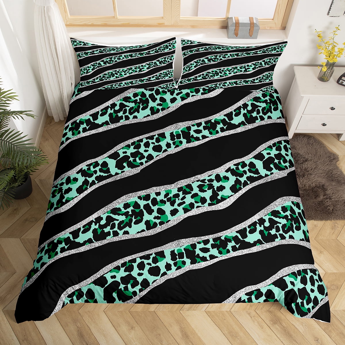 YST Green Cheetah Print Bedding Sets King Abstract Leopard Comforter ...