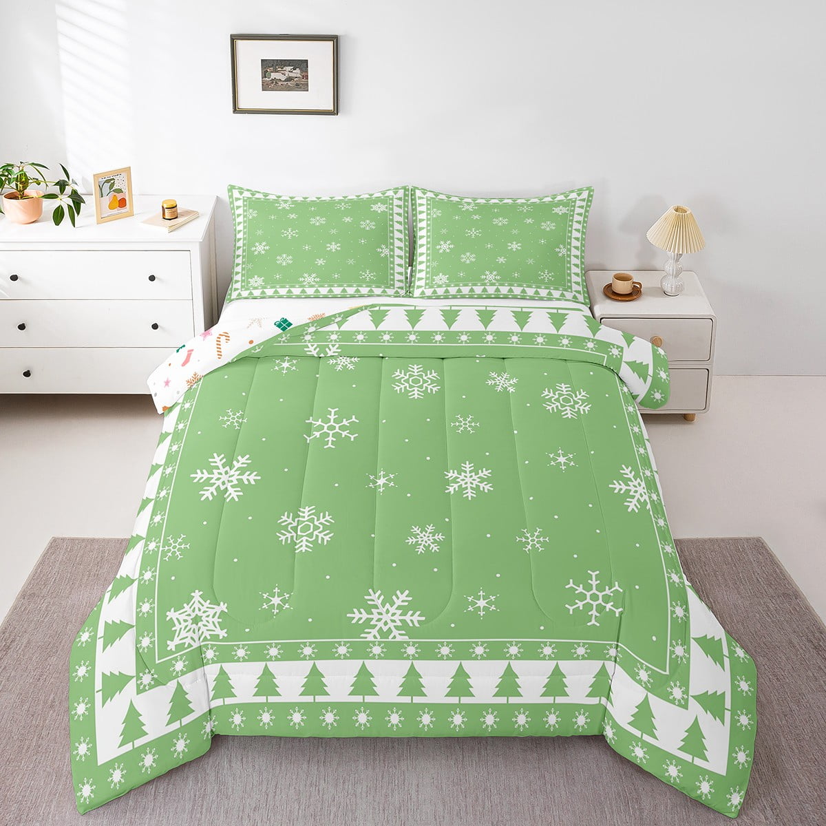 YST Green Christmas Tree And Snowflake Bedding Comforter Sets Christmas ...