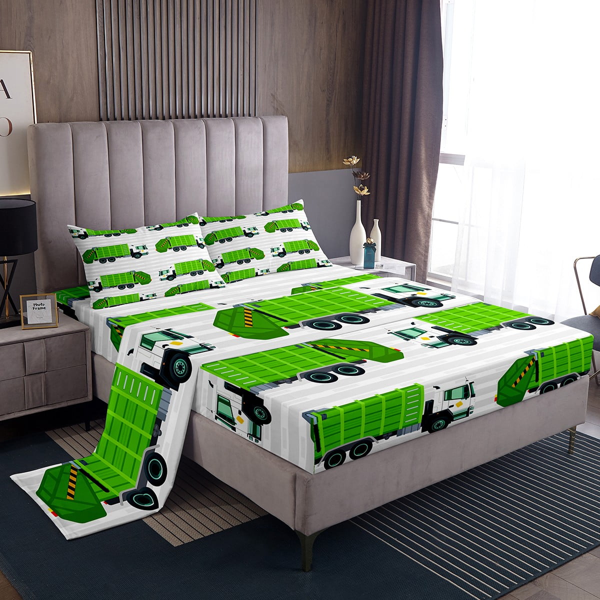 YST Green Garbage Truck Bed Set Grey Stripe Bed Sheets Set, Cartoon ...