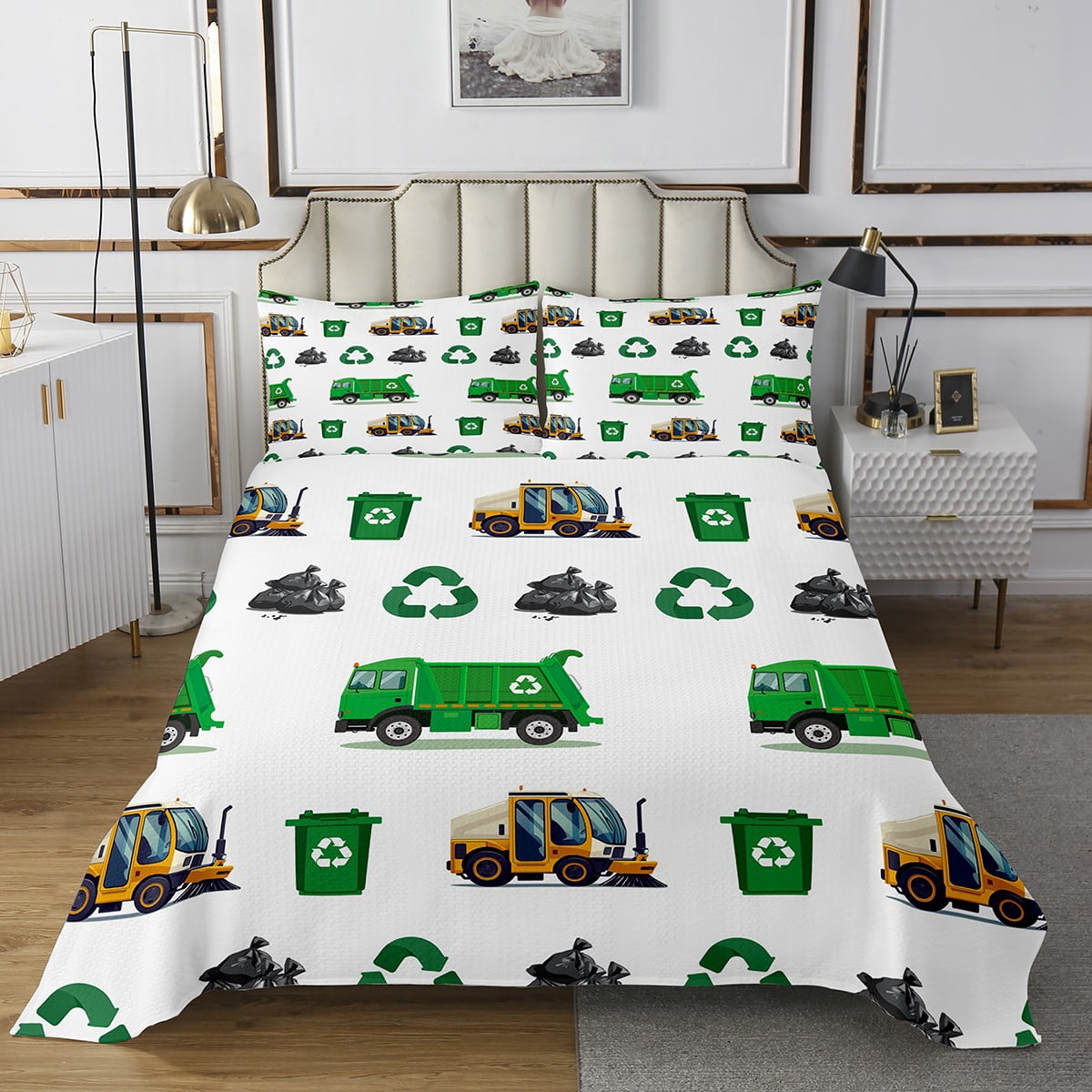 YST Green Garbage Truck Bedspread Twin for Boys Girls,Trash Can Cartoon ...