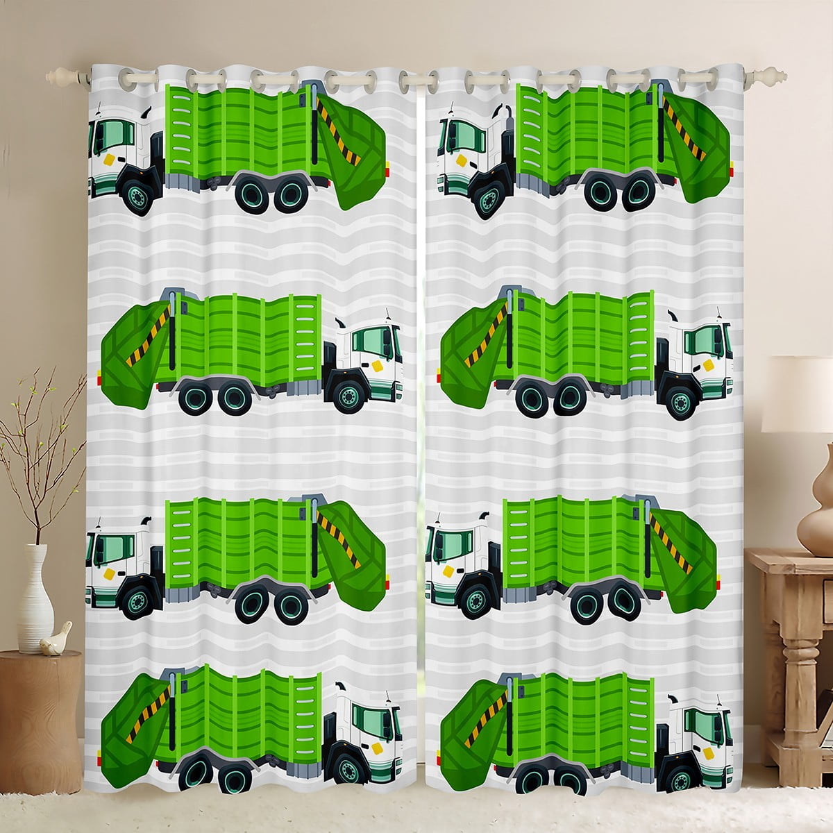 Green Garbage Truck Curtains Grey Stripe 30%-50% Blackout Curtains ...
