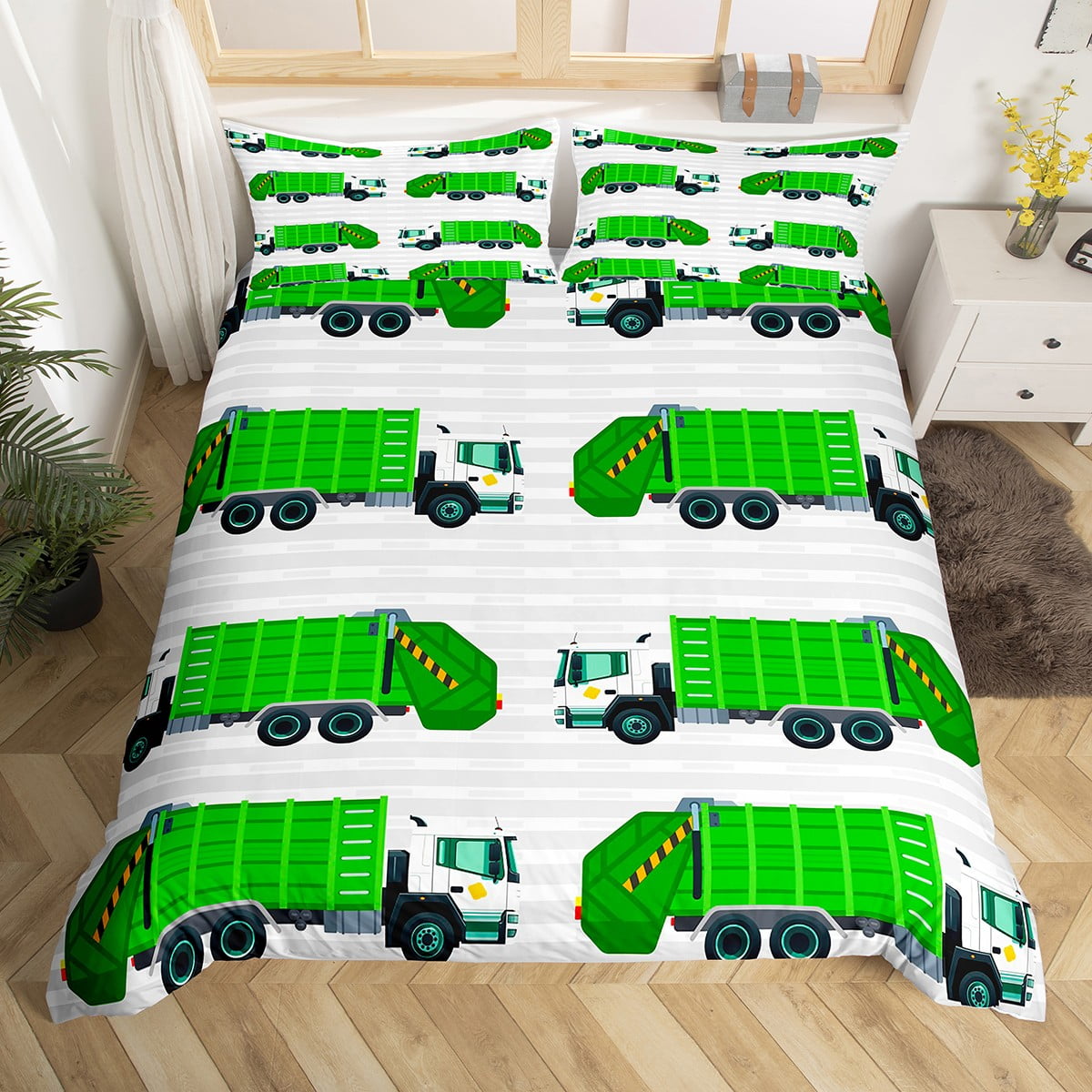 Erosebridal Green Garbage Truck Duvet Cover King Grey Stripe Bedding ...
