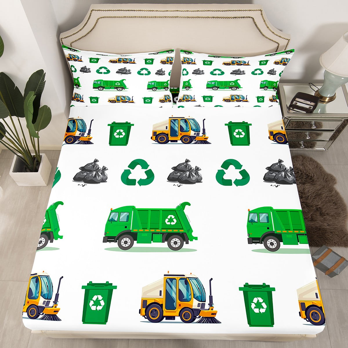 YST Green Garbage Truck Fitted Sheet Twin for Girls,Trash Can Cartoon ...