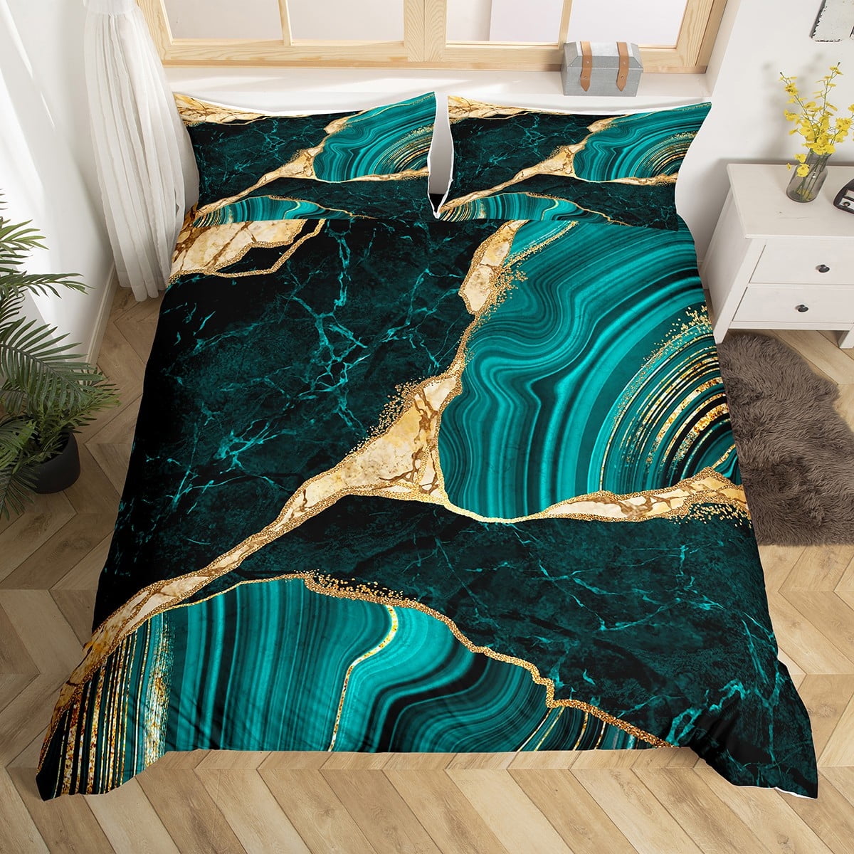 Erosebridal Green Gold Marble Duvet Cover King, Marbling Crack Print Bedding Set For Women ...