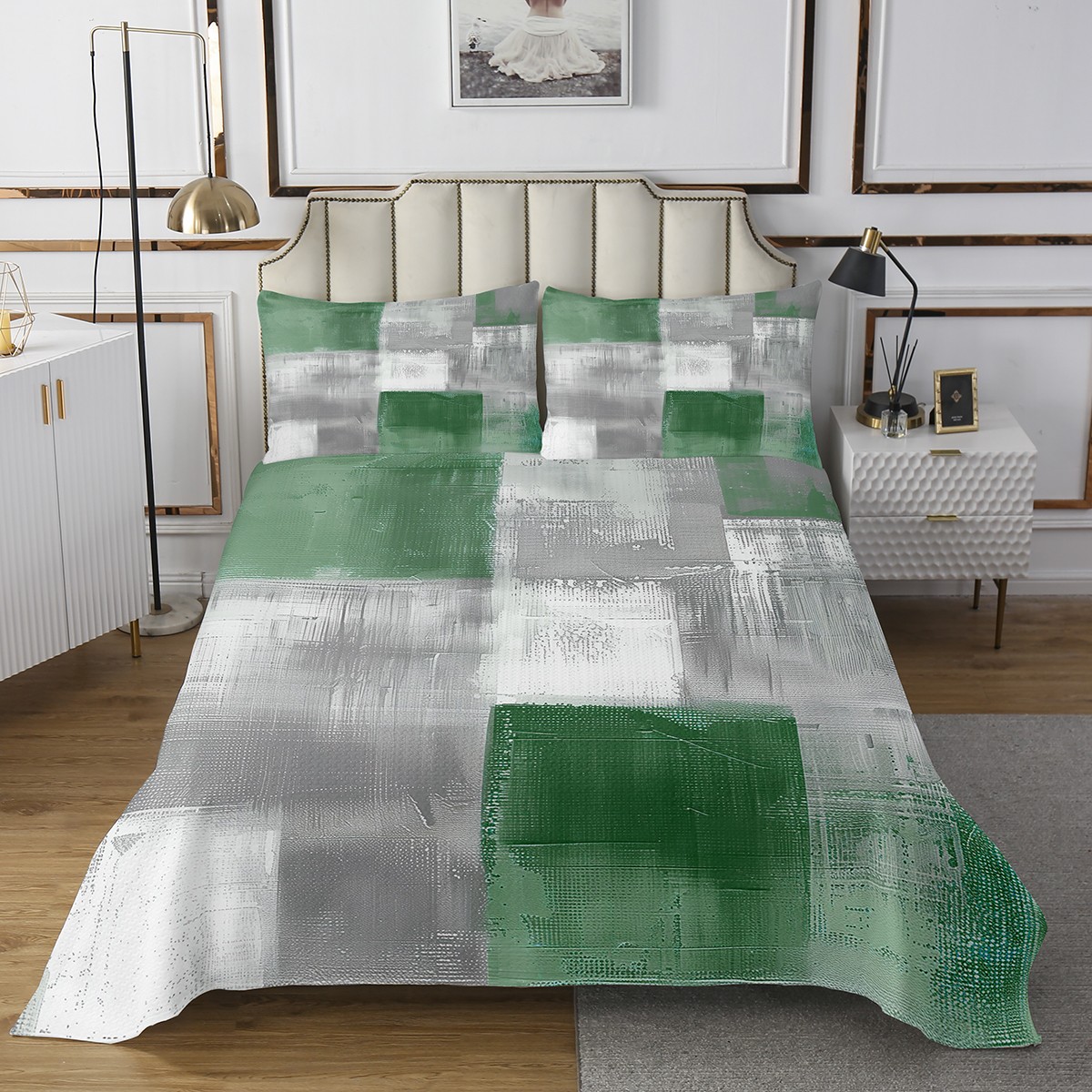 YST Green Gray Oil Painting King Quilt Set Grey Aesthetic Coverlet Set ...