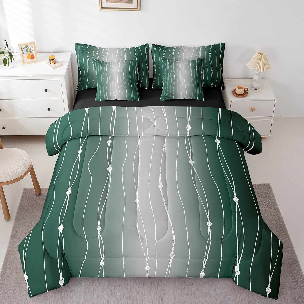 YST Green and Grey Gradient Bedding King Size 7pcs Aesthetic Ombre Comforter Set, Emerald ...