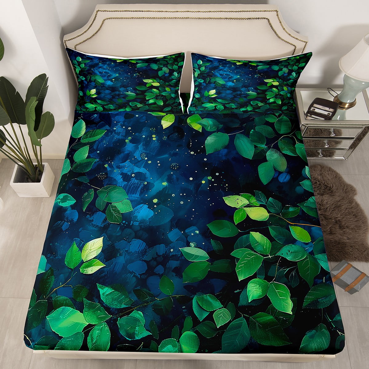 Green Leaf Full Fitted Sheet,Botanical Plant Leaves Bedding Set ...