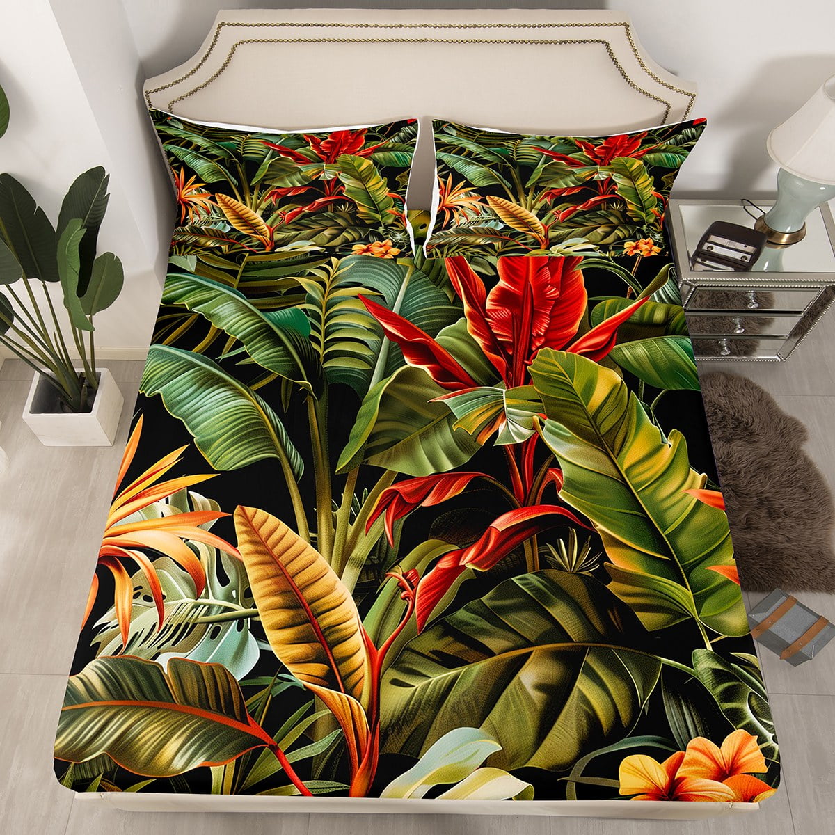 YST Green Leaf Plant Twin Fitted Sheet,Tropical Botanical Leaves ...