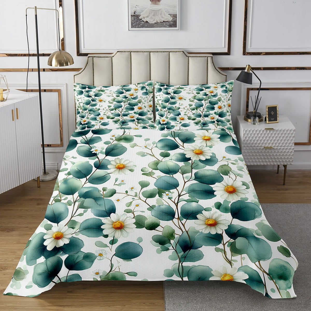 Green Leaf Plant Twin Quilt Set,Eucalyptus Botanical Leaves Floral ...