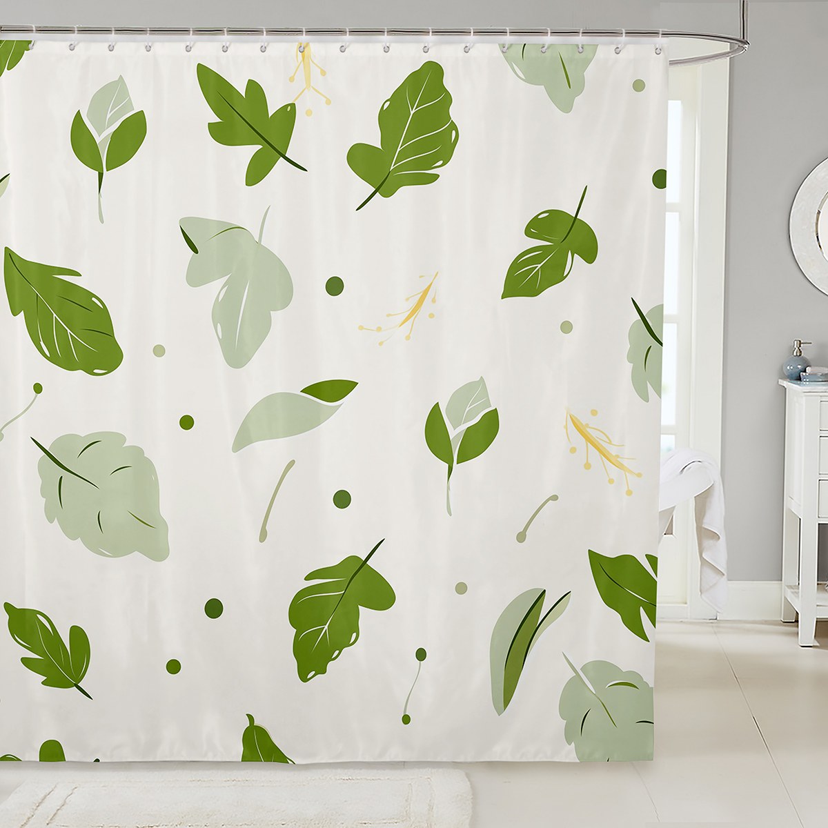 YST Green Leaf Waterproof Bathroom Curtain White And Green Bath Curtain ...