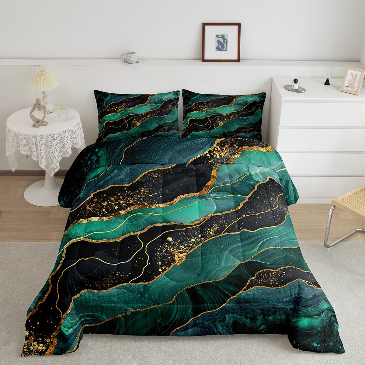 Erosebridal Green Marble Full Comforter Set, Gold Glitter Abstract ...