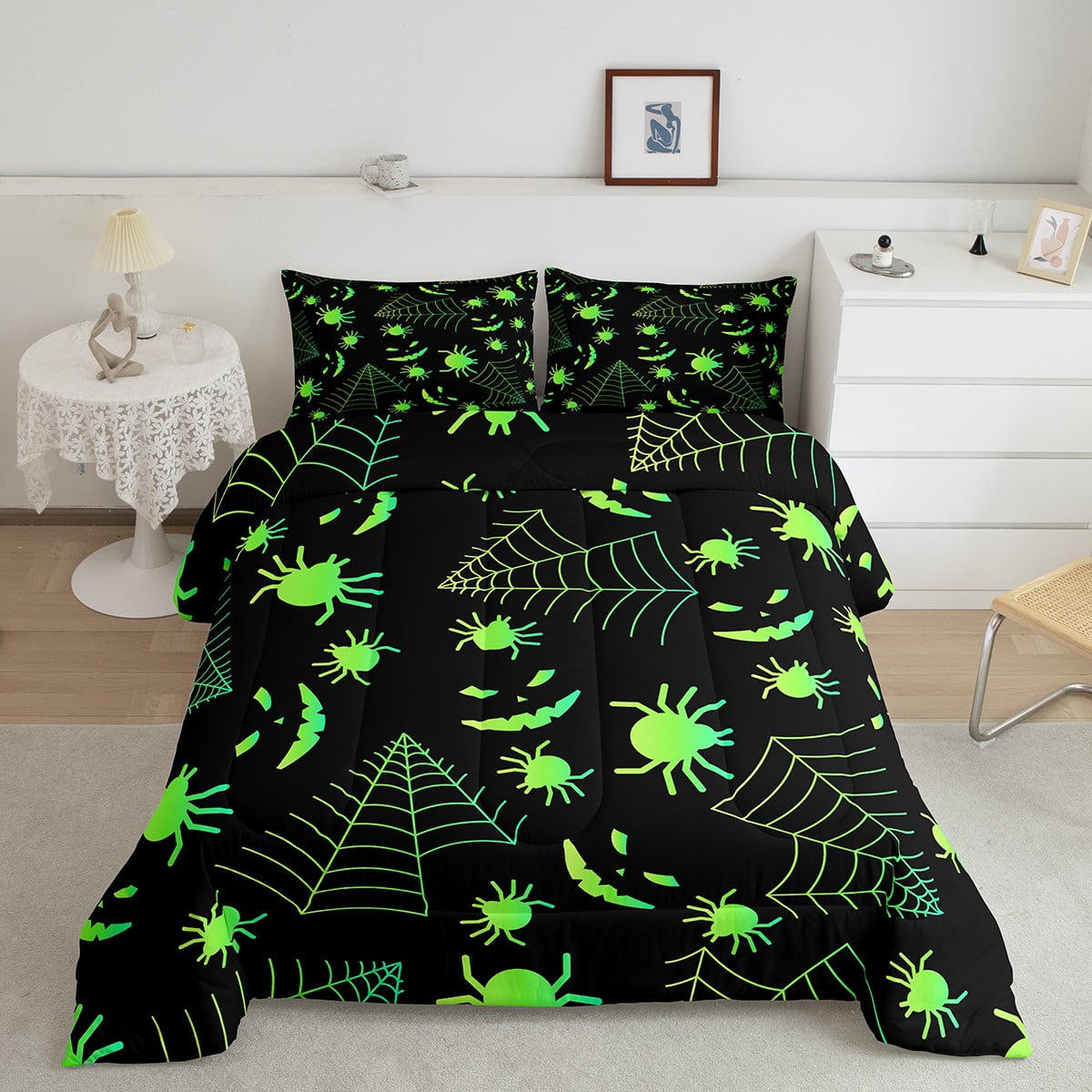 Green Neon Halloween Bedding Set Gothic Pumpkin Lantern Face Comforter ...