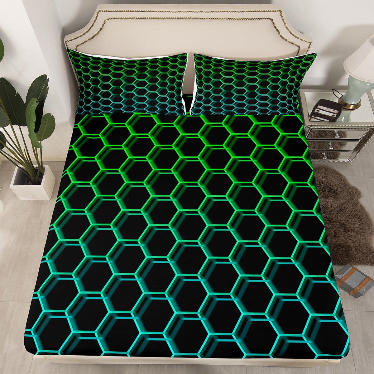 Erosebridal Green Neon Honeycomb Fitted Sheet Full Geometric Hexagon ...