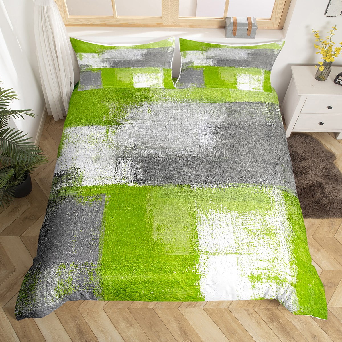 Yst Green Ombre Duvet Cover Full Gray Gradient Bedding Set Grunge Watercolor Comforter Cover
