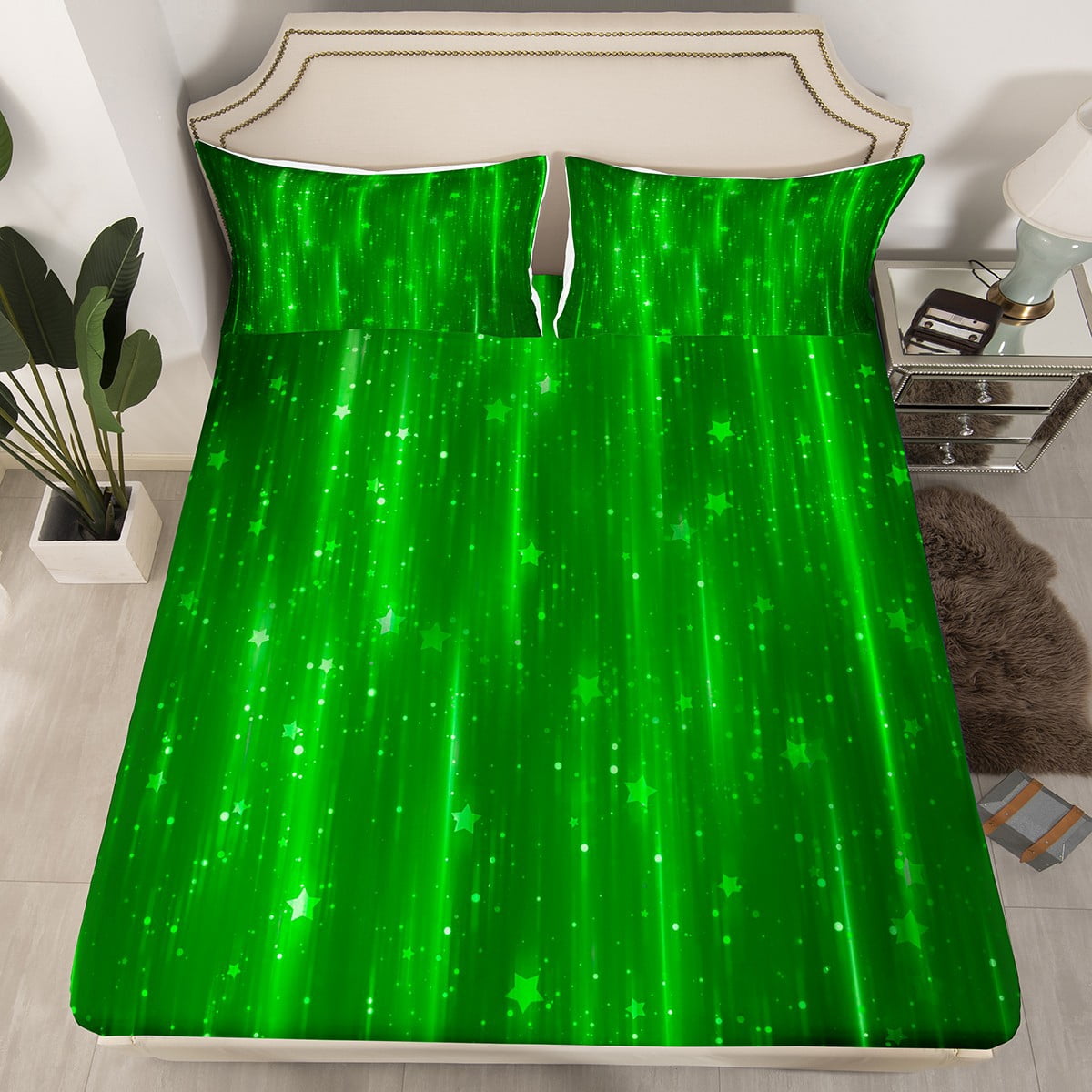 Green Ombre Full Fitted Sheet Gradient Bedding,Sparkling Stars Bed ...