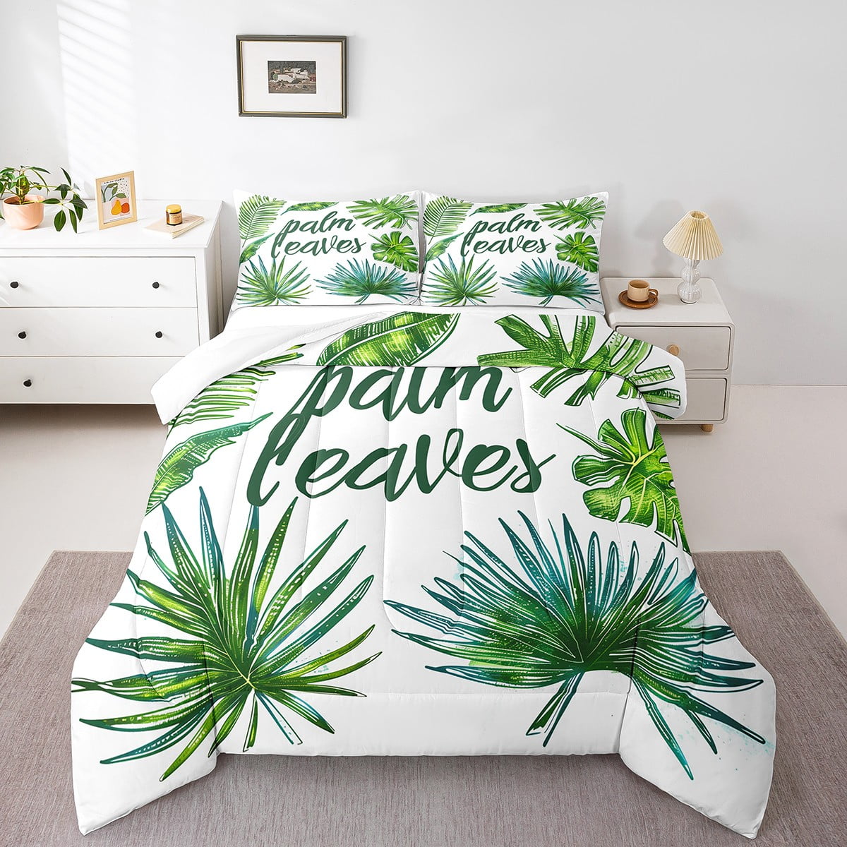 Green Palm Leaf Full Comforter Set,Tropical Botanical Plant Leaves ...