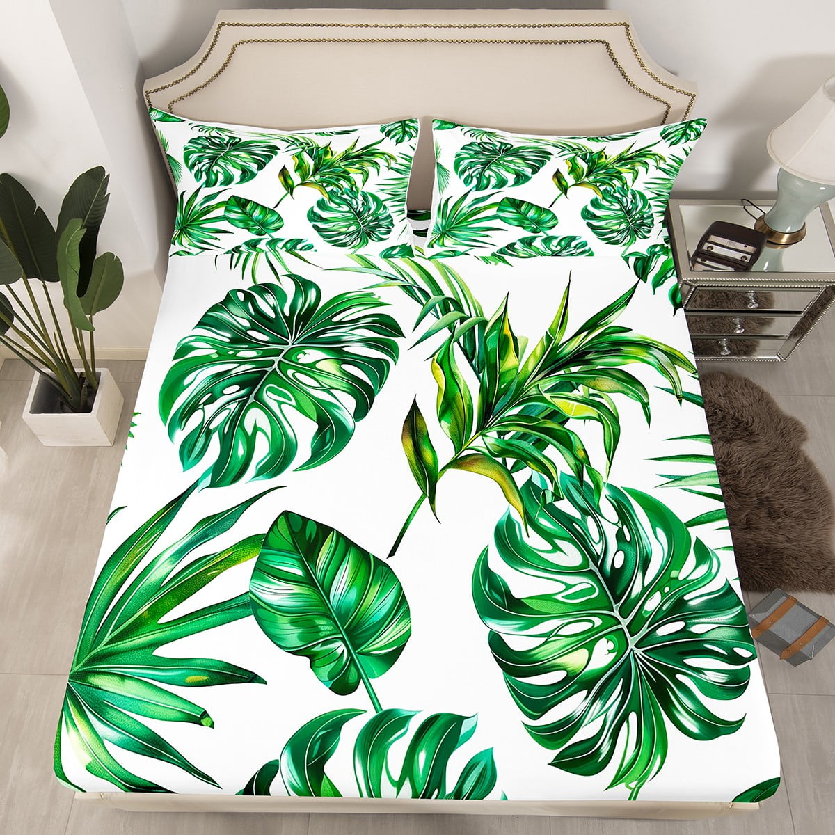Green Palm Leaf Full Fitted Sheet,Tropical Botanical Plant Bedding Set ...
