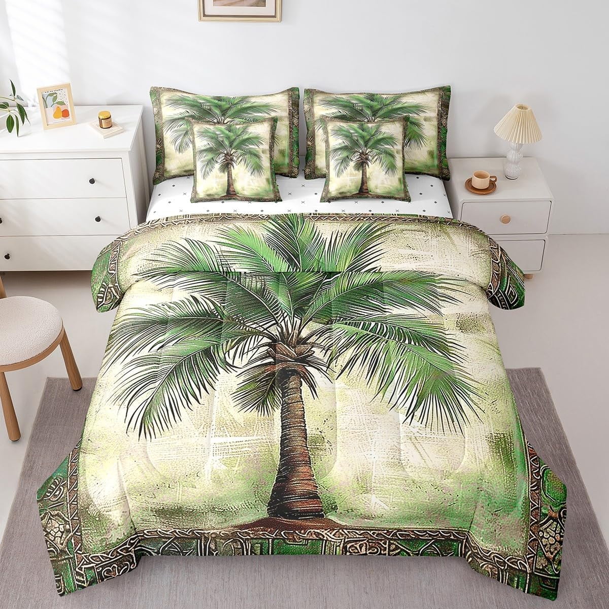 Green Palm Tree Print 7 Pieces Bedding Set Palm Leaf Full Comforter Set ...