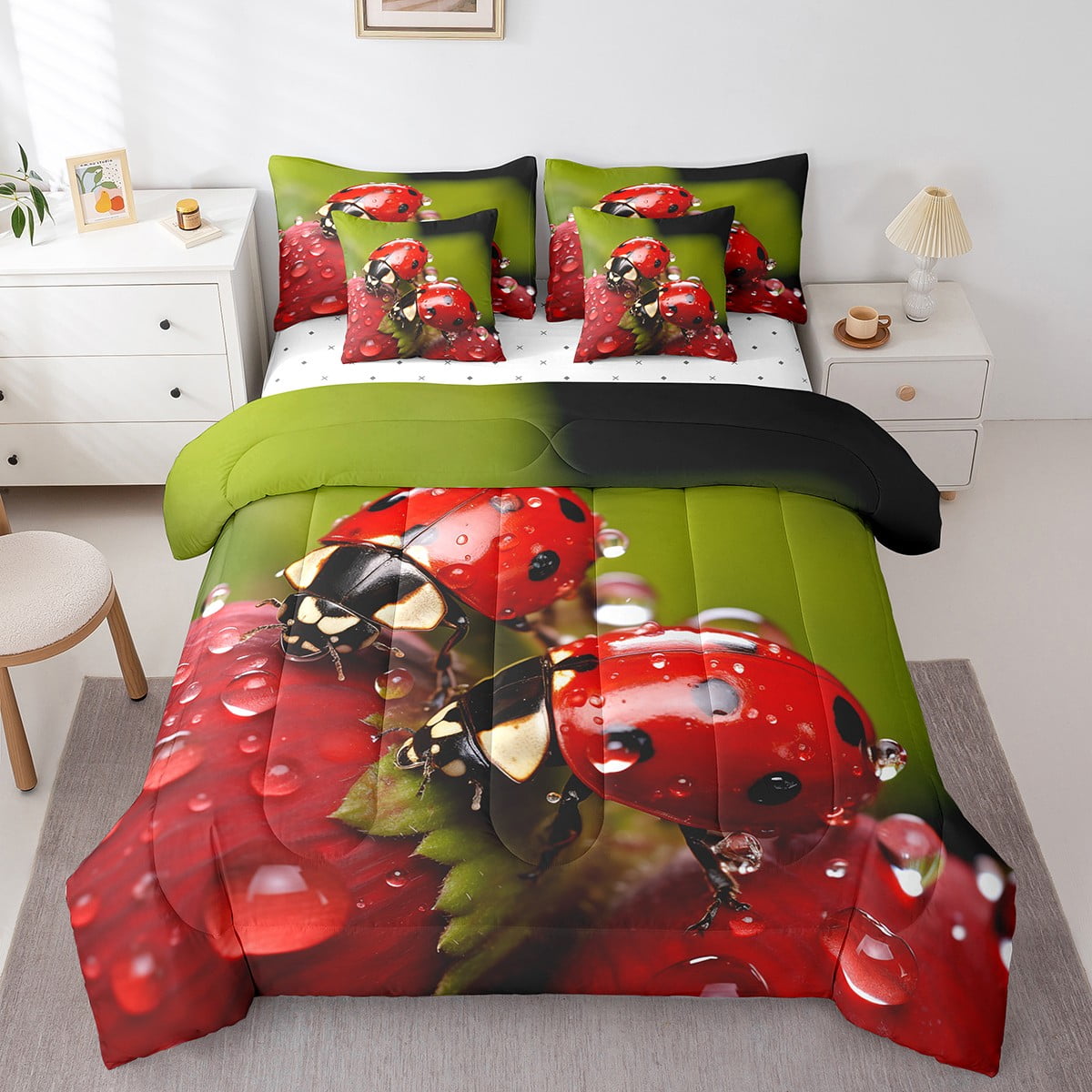 YST Green Red Ladybug Comforter Set Twin 7 Piece Reptile 3D Ladybug Bed ...