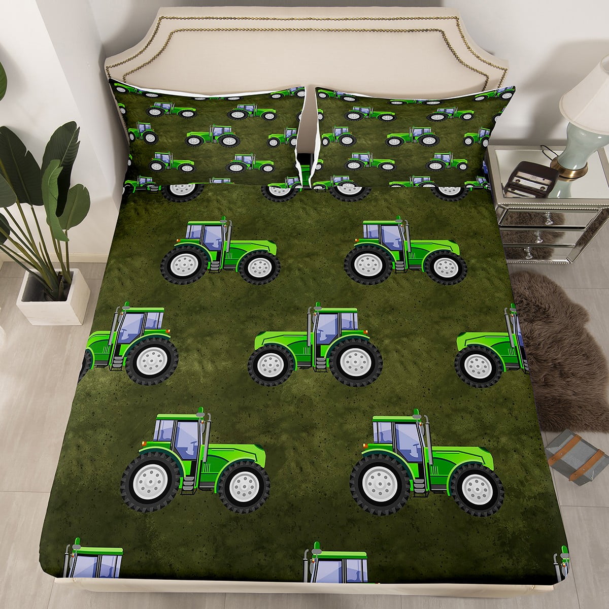 YST Green Truck Twin Fitted Sheet for Kids Toddler Watercolor Tractor ...