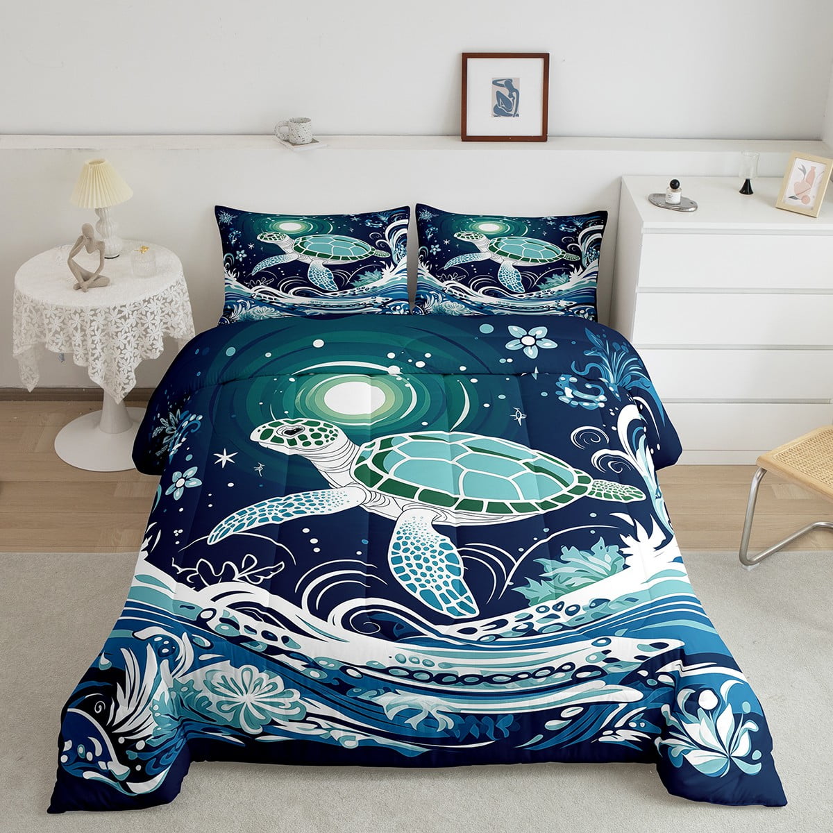 Green Turtle Comforter Set Adult,Bohemian Tortoise Bedding Set Twin ...