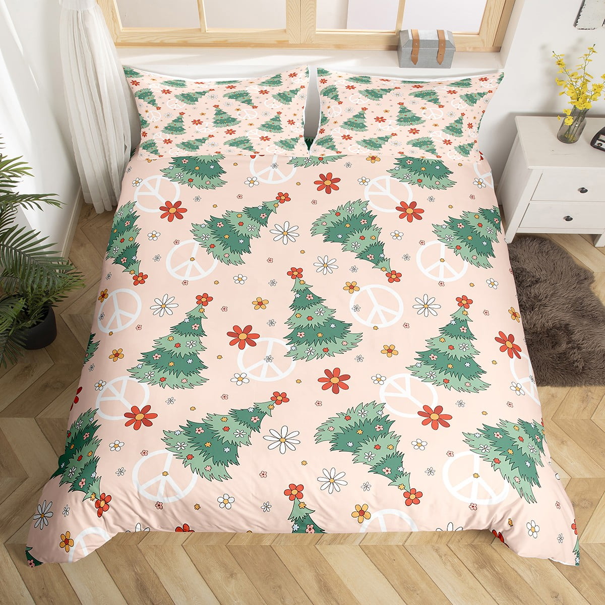 Erosebridal Green Xmas Tree Bedding Sets Twin Groovy Flower Comforter ...