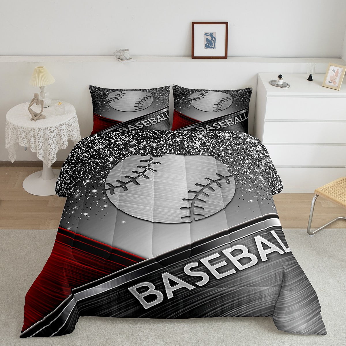Grey Baseball Comforter Set King Girly Glitters Bedding Set, Sports ...