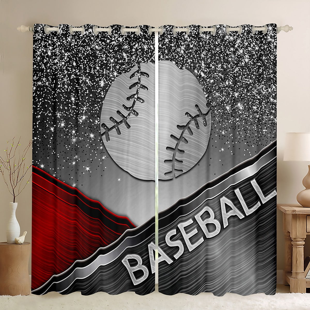 Erosebridal Grey Baseball Curtains & Drapes Girly Glitters Blackout ...