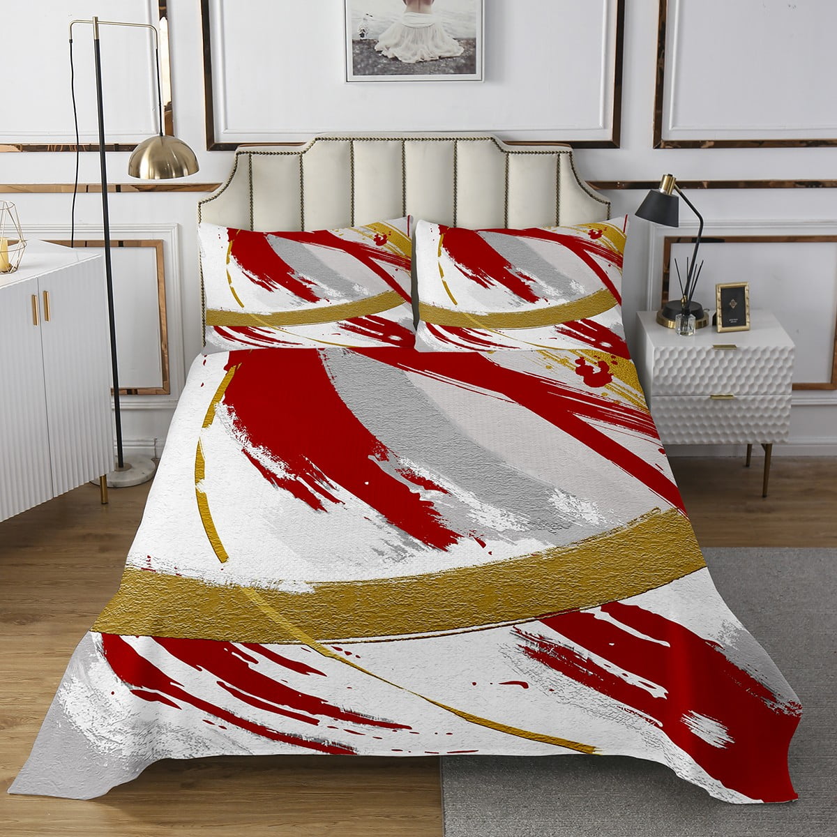 YST Grey Beige Flame Red Coverlet Set Brush Strokes Oil Painting ...