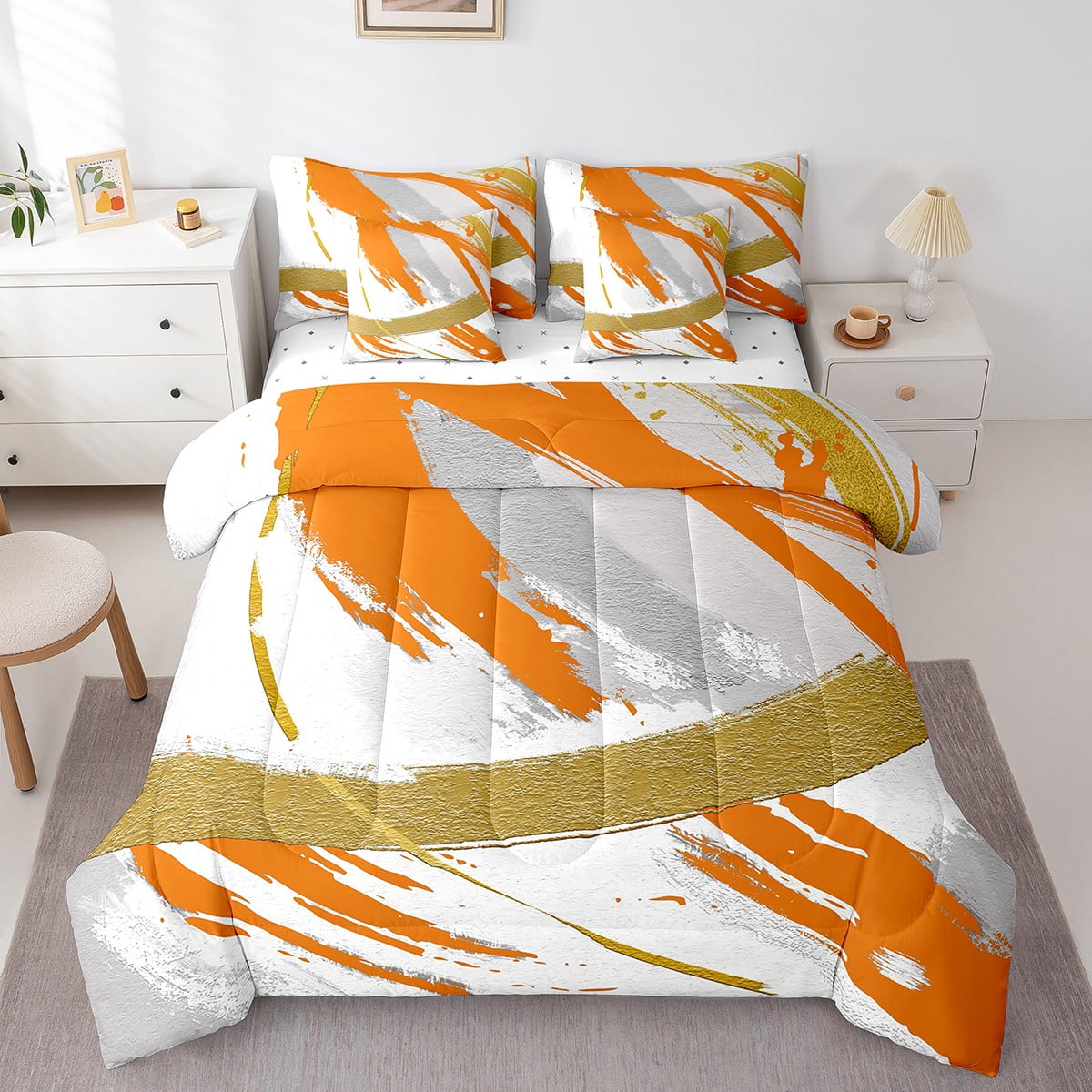 Grey Beige Orange Twin Comforter Set 7-Piece Brush Strokes Oil Painting ...
