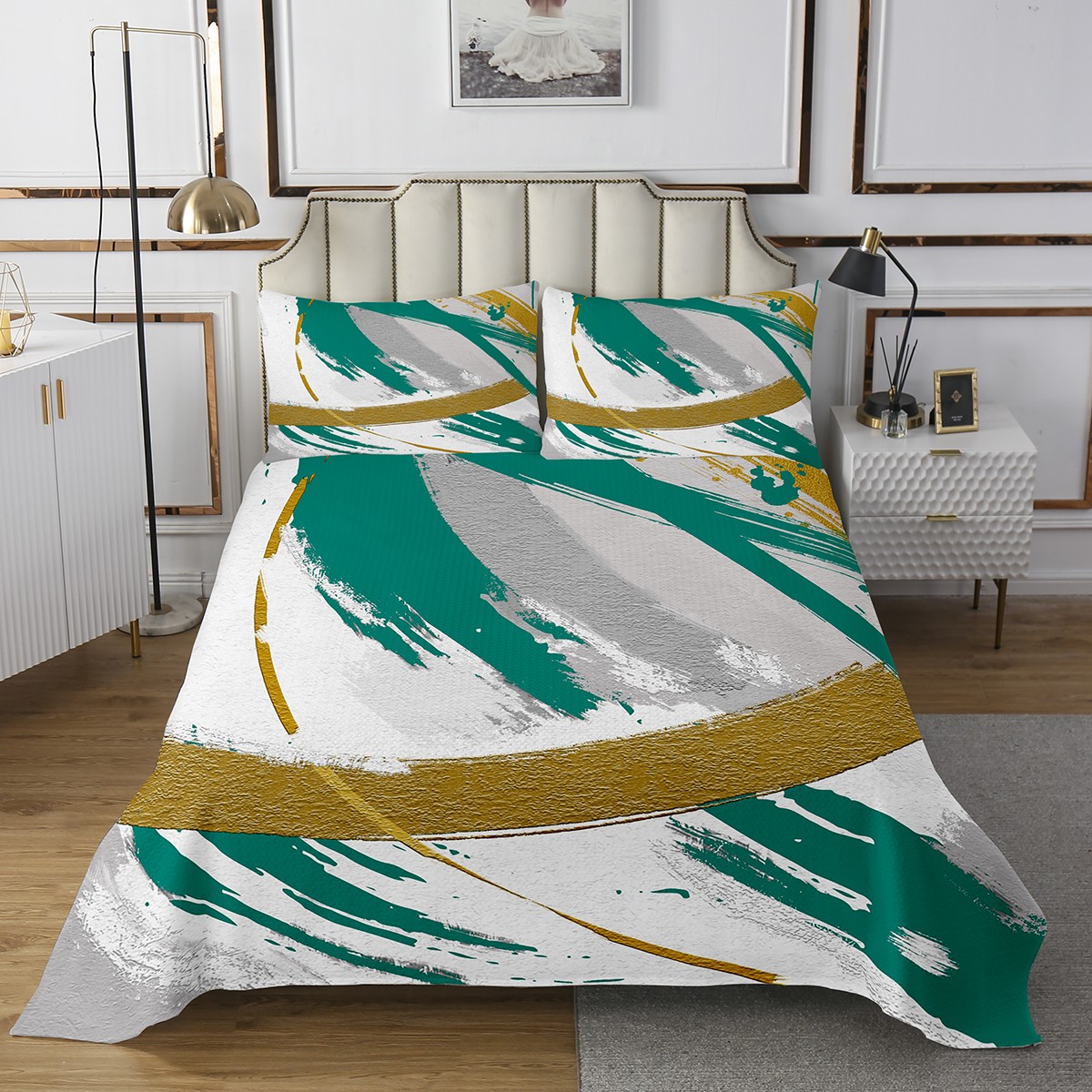 Grey Beige Turqoise Coverlet Set Brush Strokes Oil Painting Bedding ...