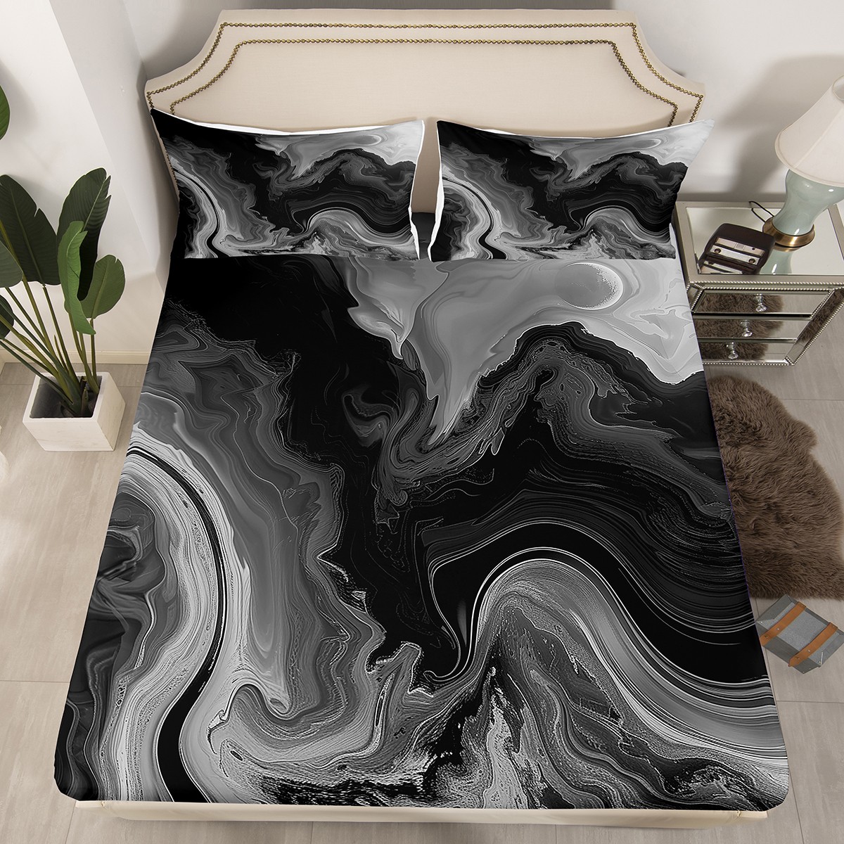 YST Grey Black Marble Bed Sheets Modern Abstract Art Fitted Sheet Twin ...