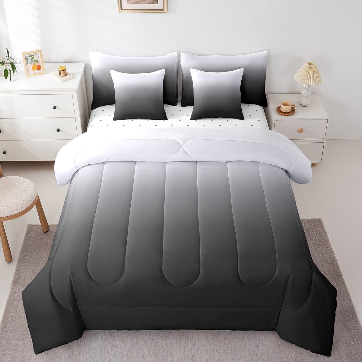 YST Grey Black Ombre Comforter Set Queen Gray White Gradient 7 Piece ...