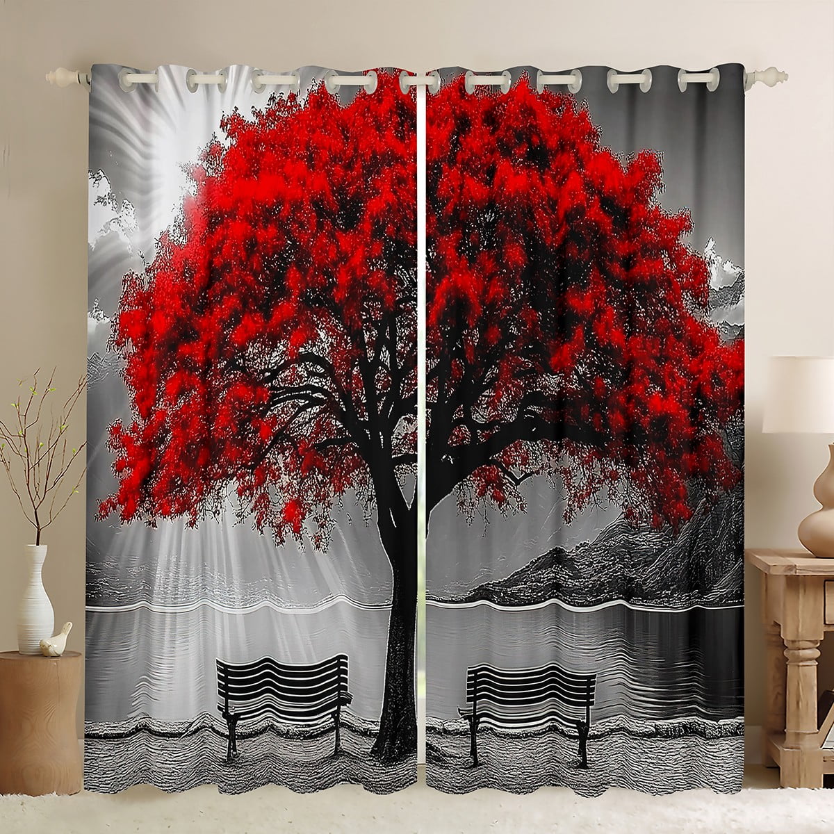 Grey Black and Red Tree Curtains,Country Nature Themed Curtains 30%-50% ...