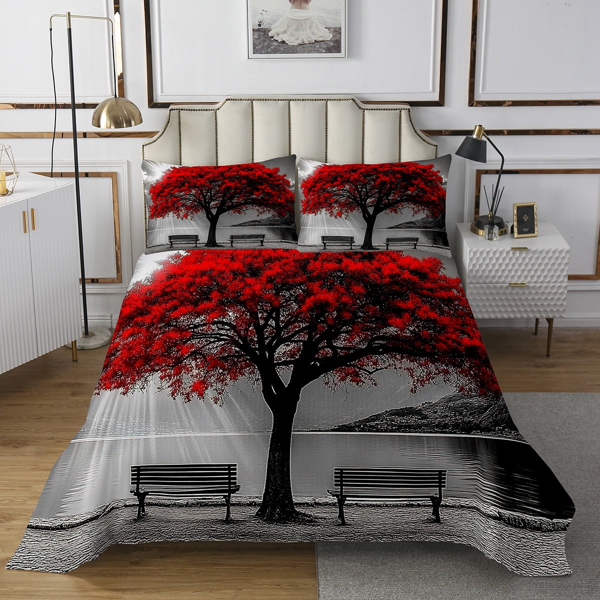 YST Grey Black and Red Tree King Quilt Set,Country Nature Themed ...