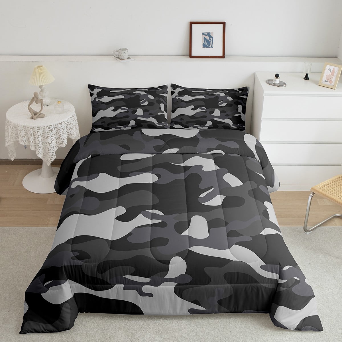 Grey Camo Comforter Set Full Camouflage Army Bedding Military Abstract ...