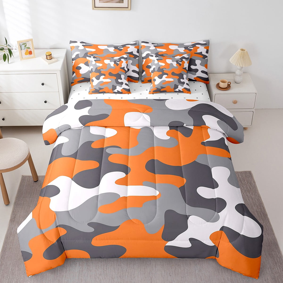 YST Grey Camouflage Comforter Set King Size,Orange Camo Bedding Set for ...