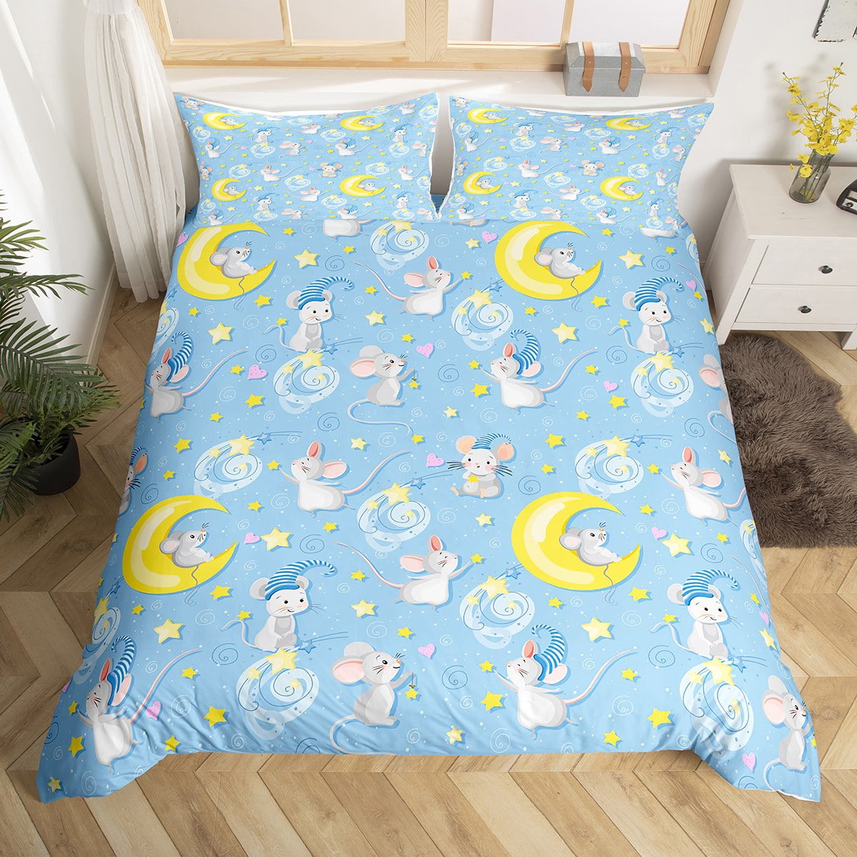YST Grey Cartoon Rats Duvet Cover King Kids Stars Moon Bedding Set For ...