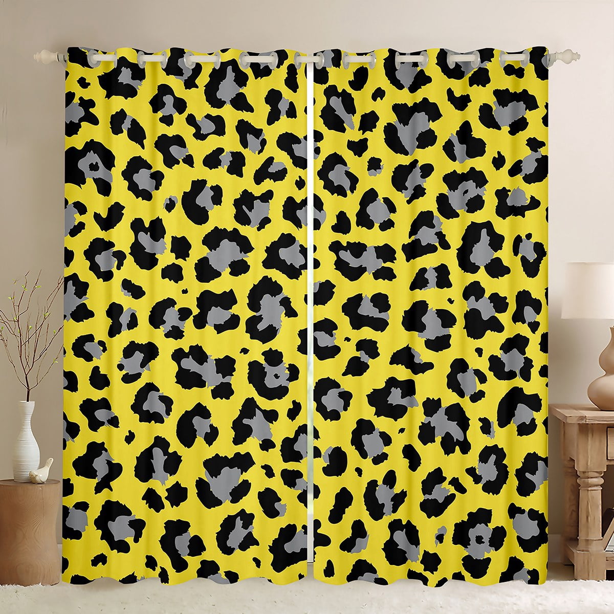 YST Grey Cheetah Print Blackout Curtains Yellow Animal Print Curtains ...