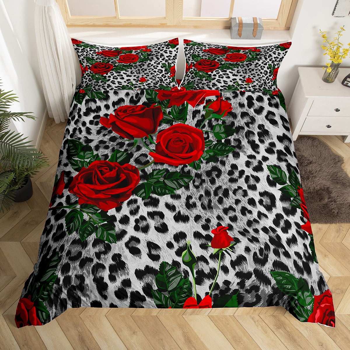 YST Grey Cheetah Print Duvet Cover Twin Red Rose Flower Bedding Set ...