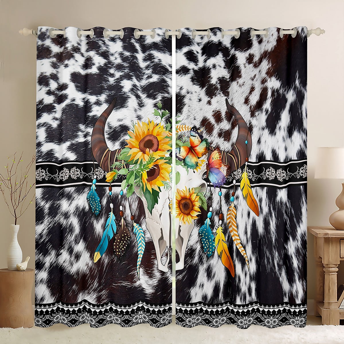 YST Grey Cowhide Curtains & Drapes,Sugar Skull Curtains Boho Sunflower ...