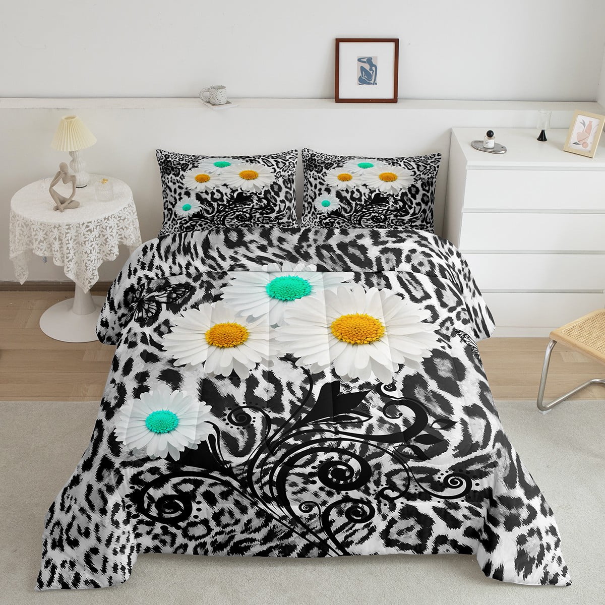 YST Grey Leopard Print Bedding Set Full Chic Daisy Flower Comforter Set ...