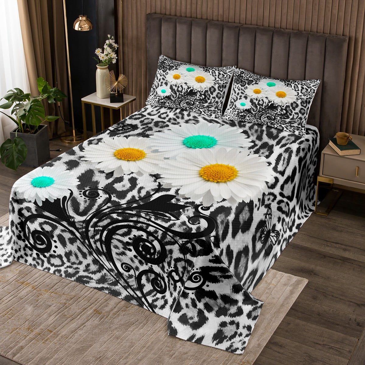 YST Grey Leopard Print Coverlet Twin Size Chic Daisy Flower Bedding Set ...