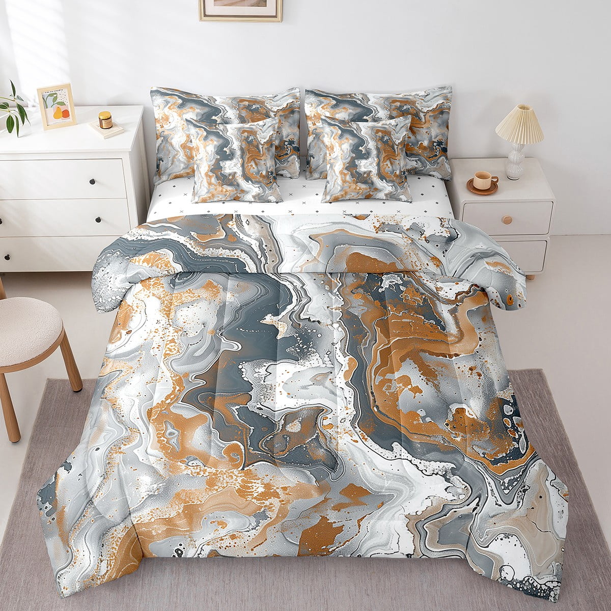 Grey Marble Bedding Queen Size 7-Piece Gray Navy Watercolor Comforter ...