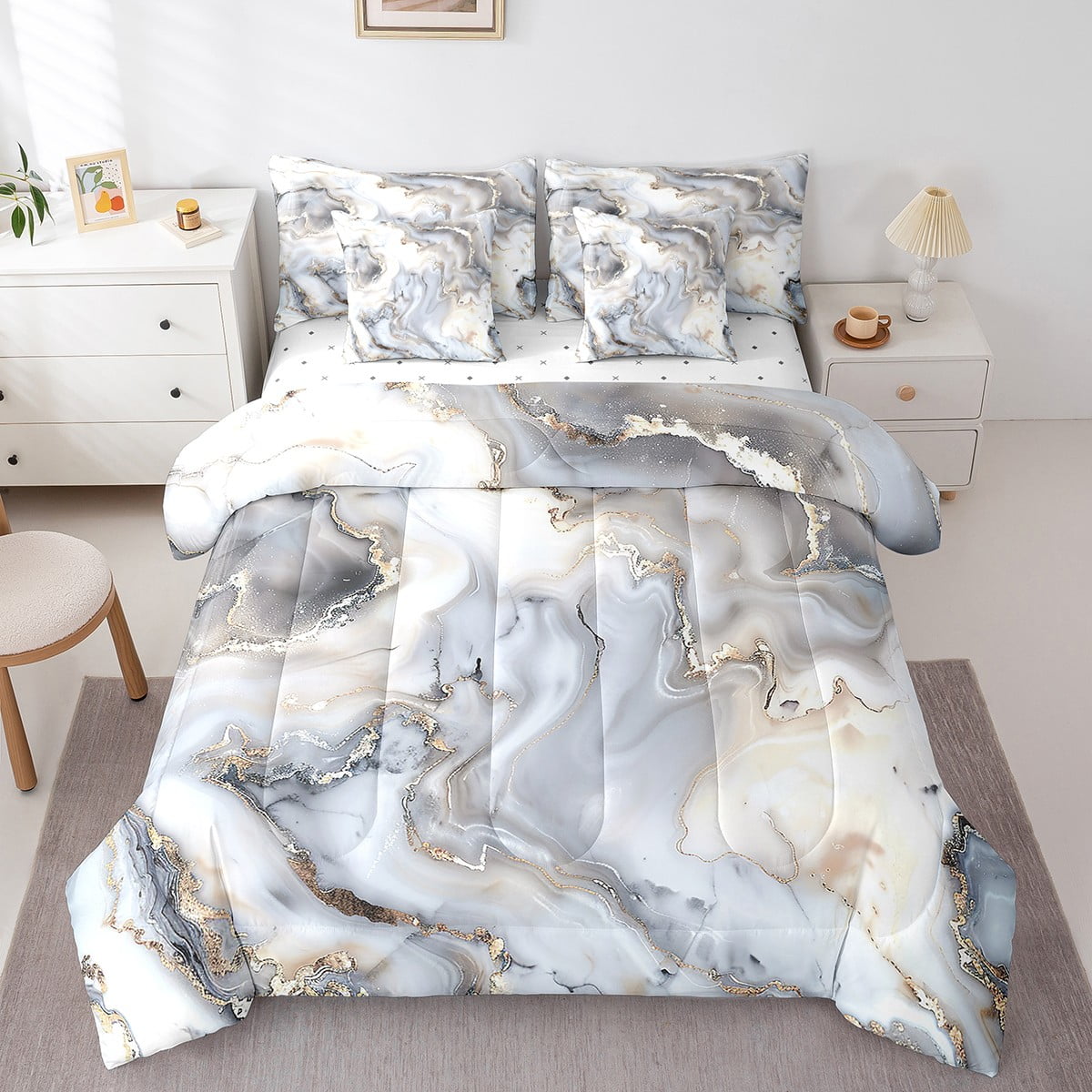 Grey White Marble Bedding Gold Stone Grain 7 Piece Bed In A Bag ...