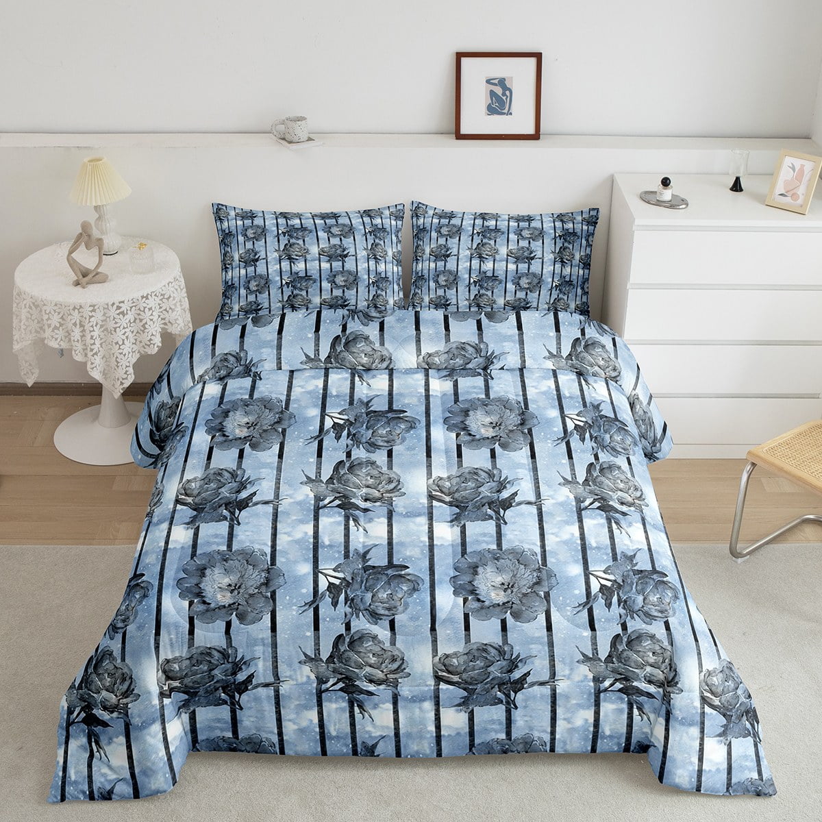 Erosebridal Greyish Blue Flower Bedding Set Twin Chic Floral Comforter Set, Black Stripe Duvet ...
